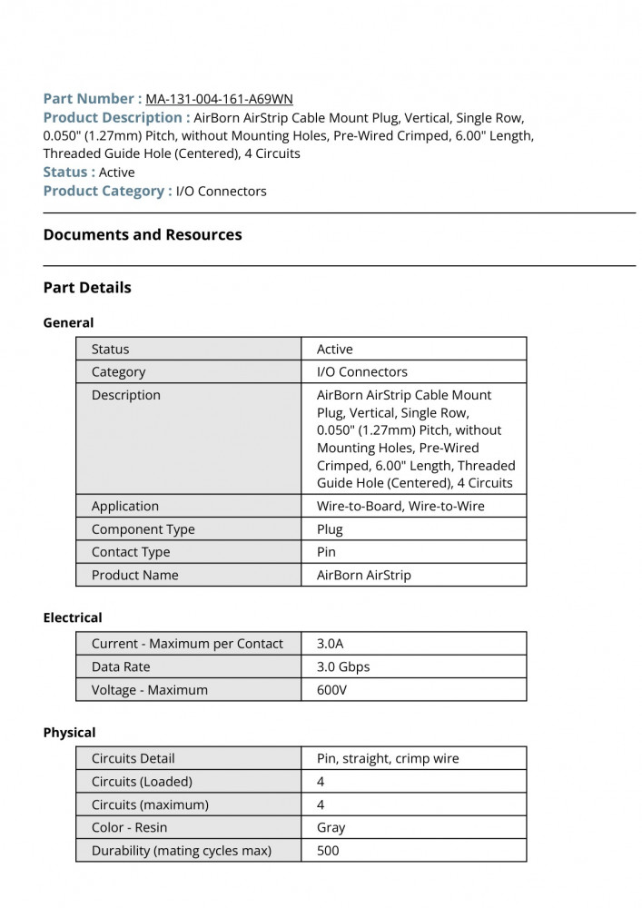 MA-131-004-161-A69WN technical document image, page 1