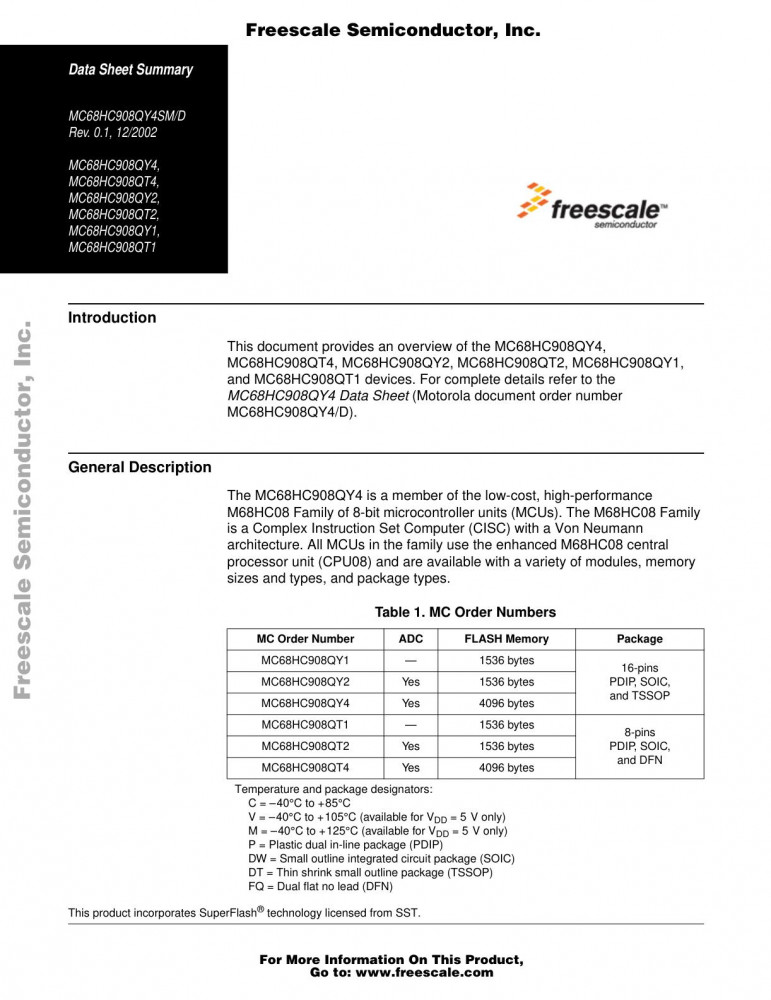 MC68HC908QY1CDTE datasheet page 1