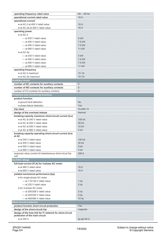 3RV20114AA40 datasheet page 2
