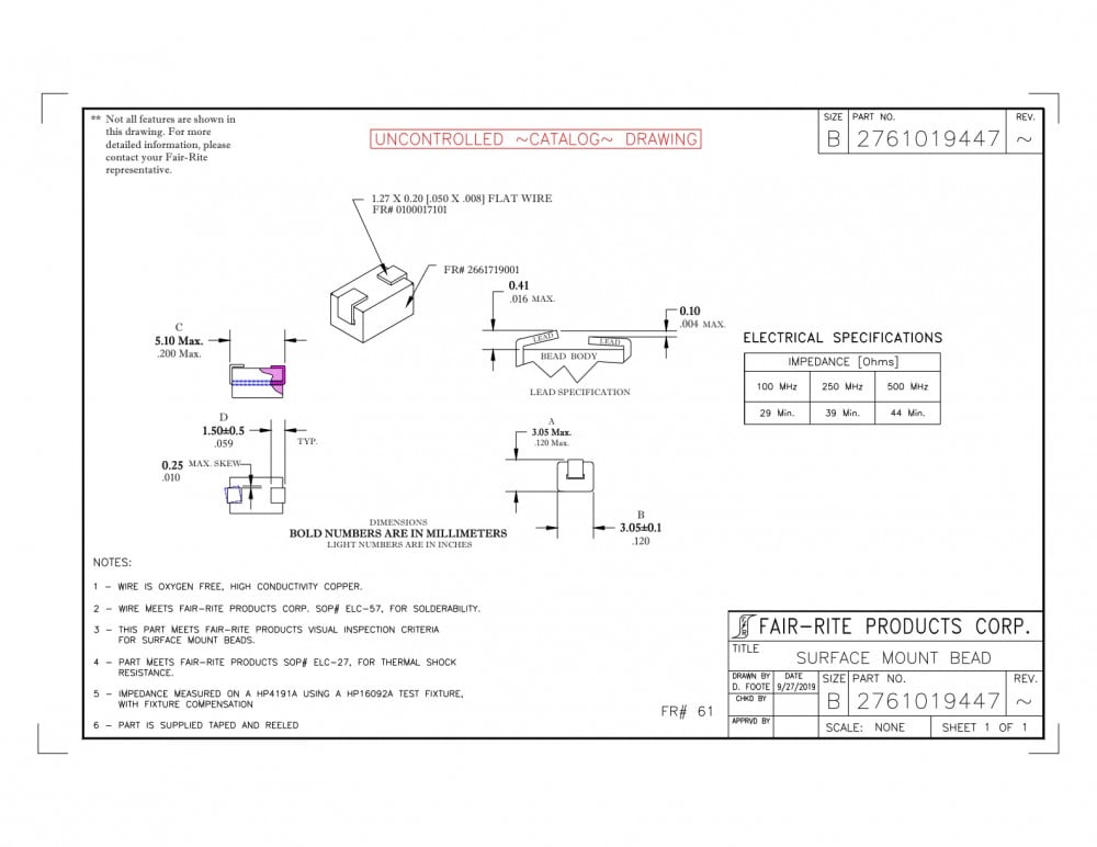 Fair-Rite 2761019447 surface mount bead technical drawing