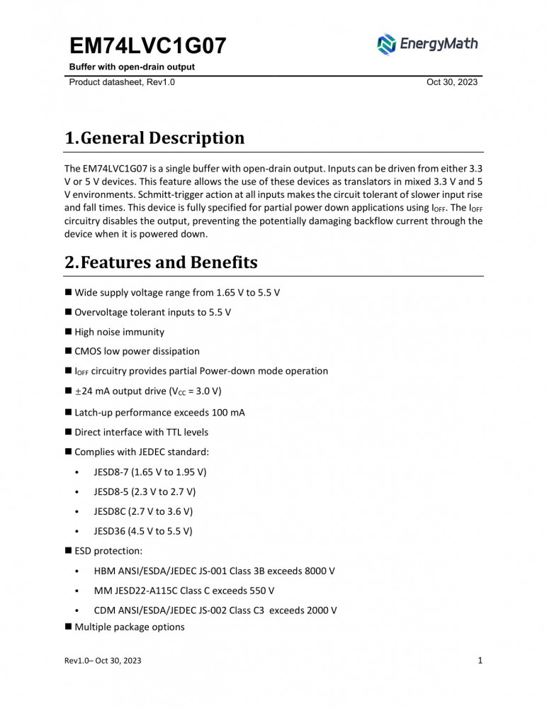 EM74LVC1G07 datasheet page 1