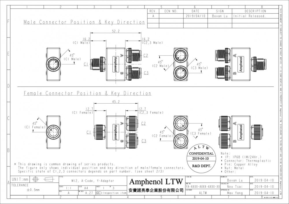 Amphenol M12 A-Code Y-Adaptor drawing sheet 1