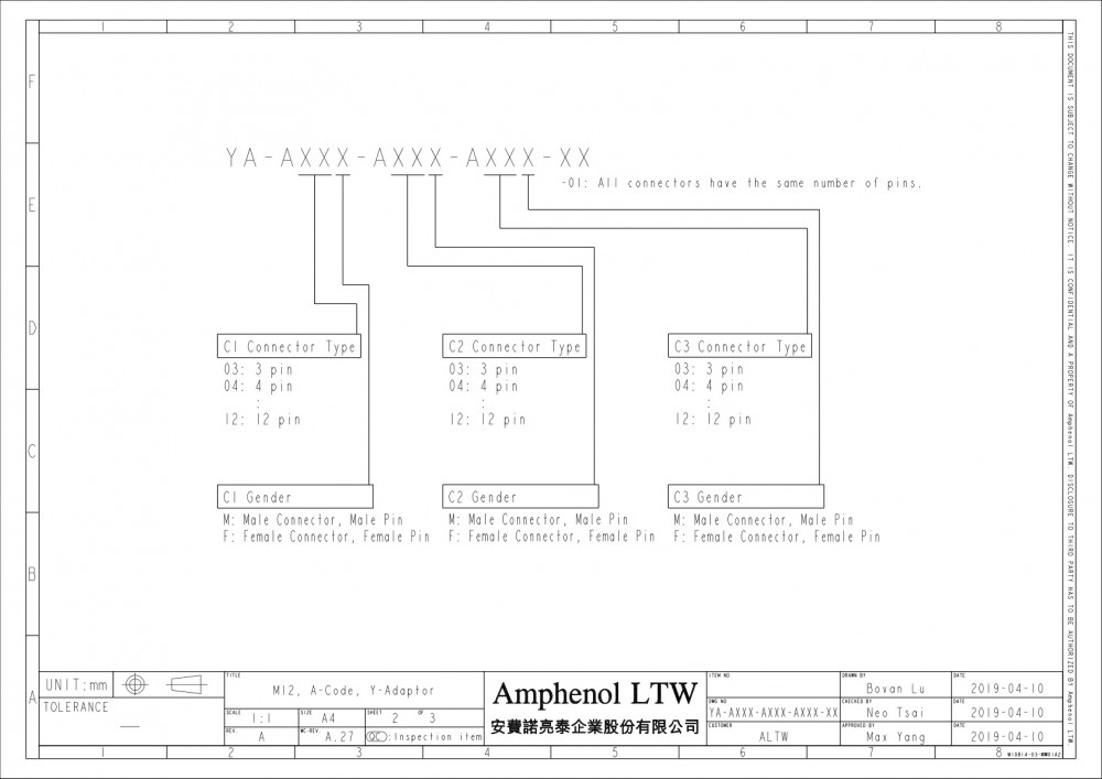 Amphenol M12 A-Code Y-Adaptor drawing sheet 2