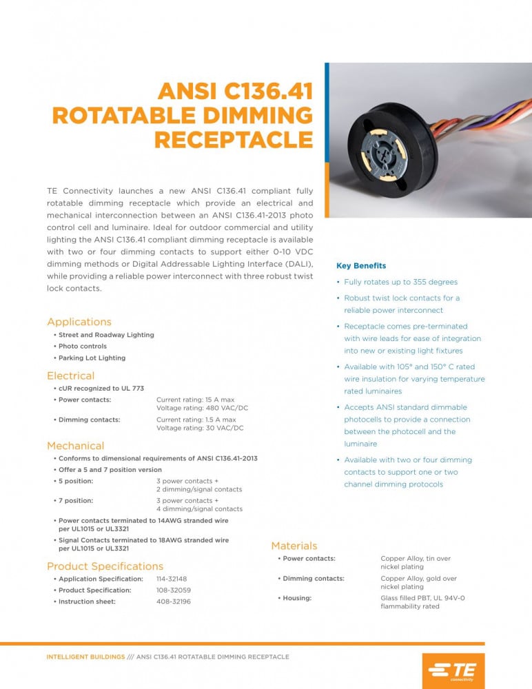 TE Connectivity ANSI C136.41 rotatable dimming receptacle documentation page 1