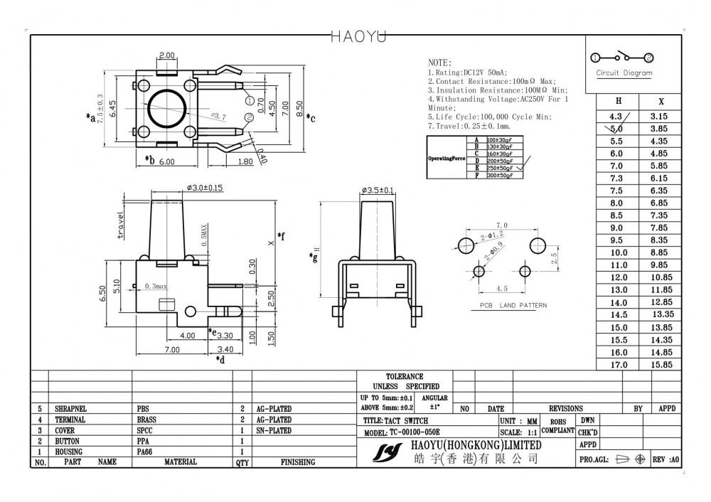 HOOYA TC-00100-050E technical drawing