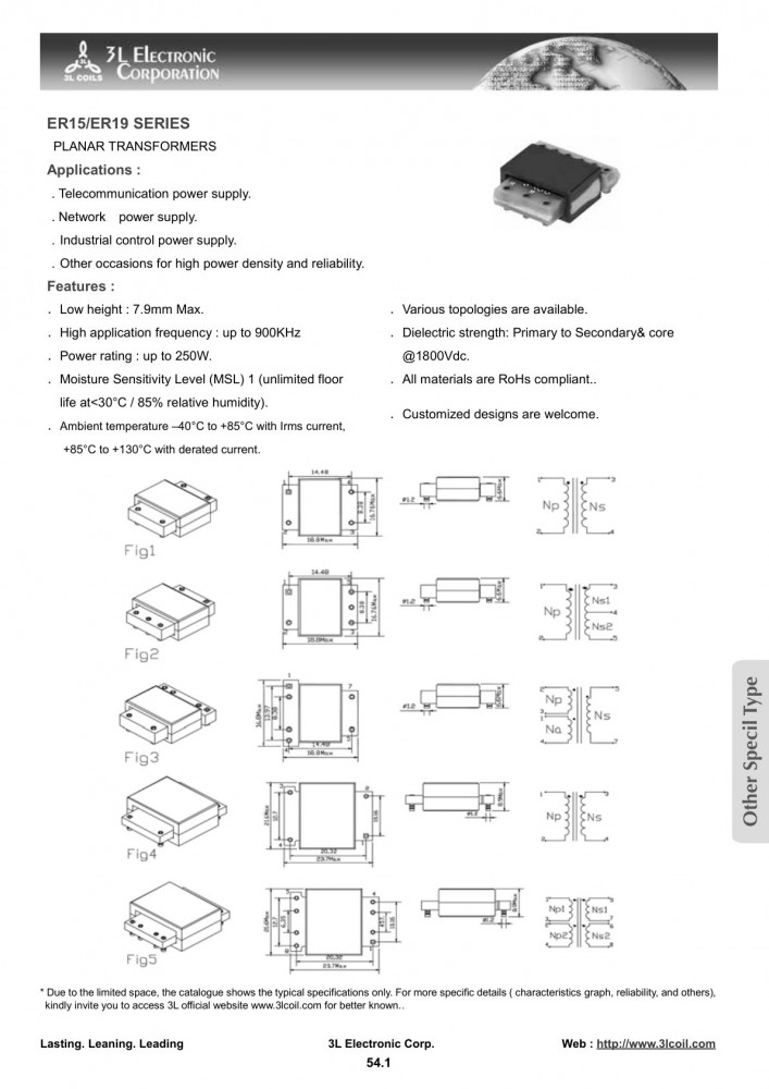 ER15/ER19 series planar transformer product document page