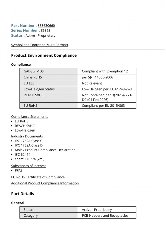 Technical document page 1 for MOLEX 353630660