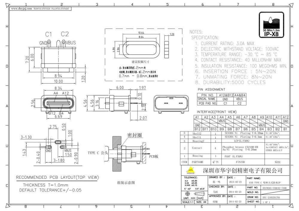 HOAUC HYCW265-USBC02-720B technical drawing