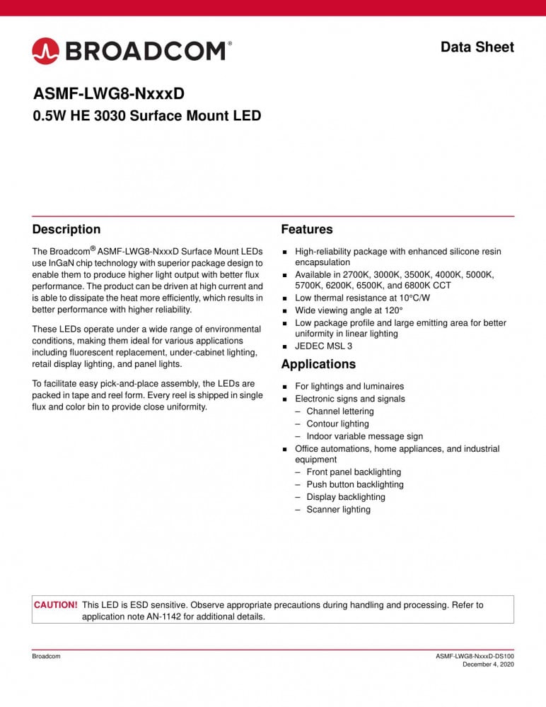 Broadcom ASMF-LWG8 datasheet page 1