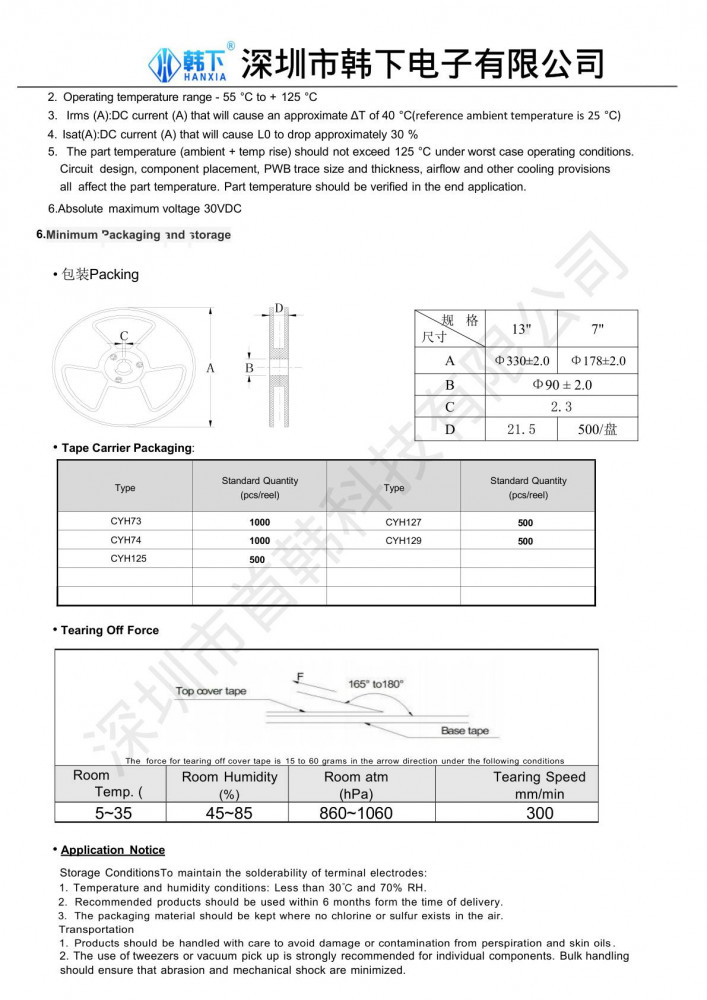 HX CYH127-2.2UH packaging and storage page