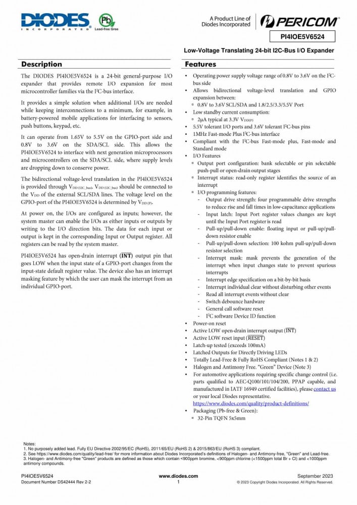 PI4IOE5V6524ZHEX datasheet page 1