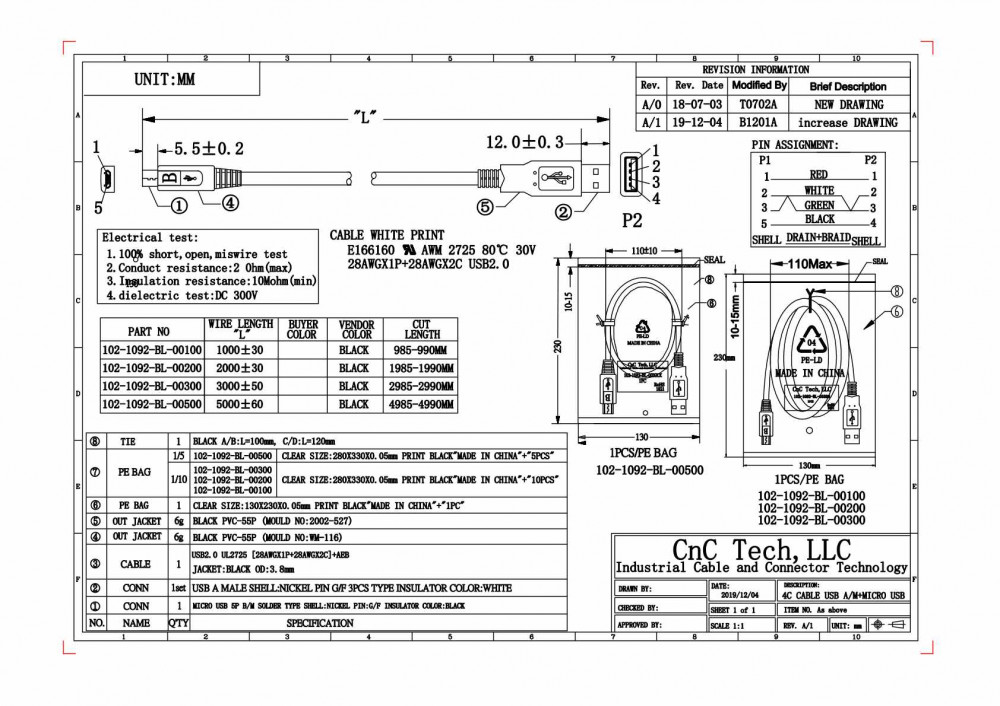 Technical drawing image for the USB-A to Micro-USB cable assembly