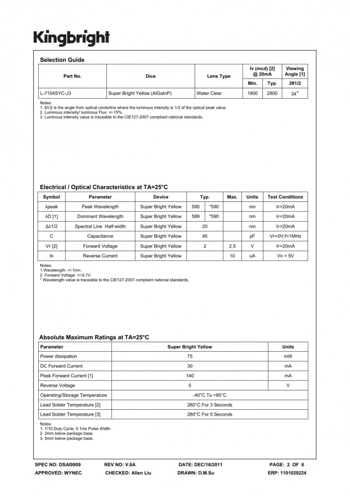 L-7104SYC-J3 datasheet page 2