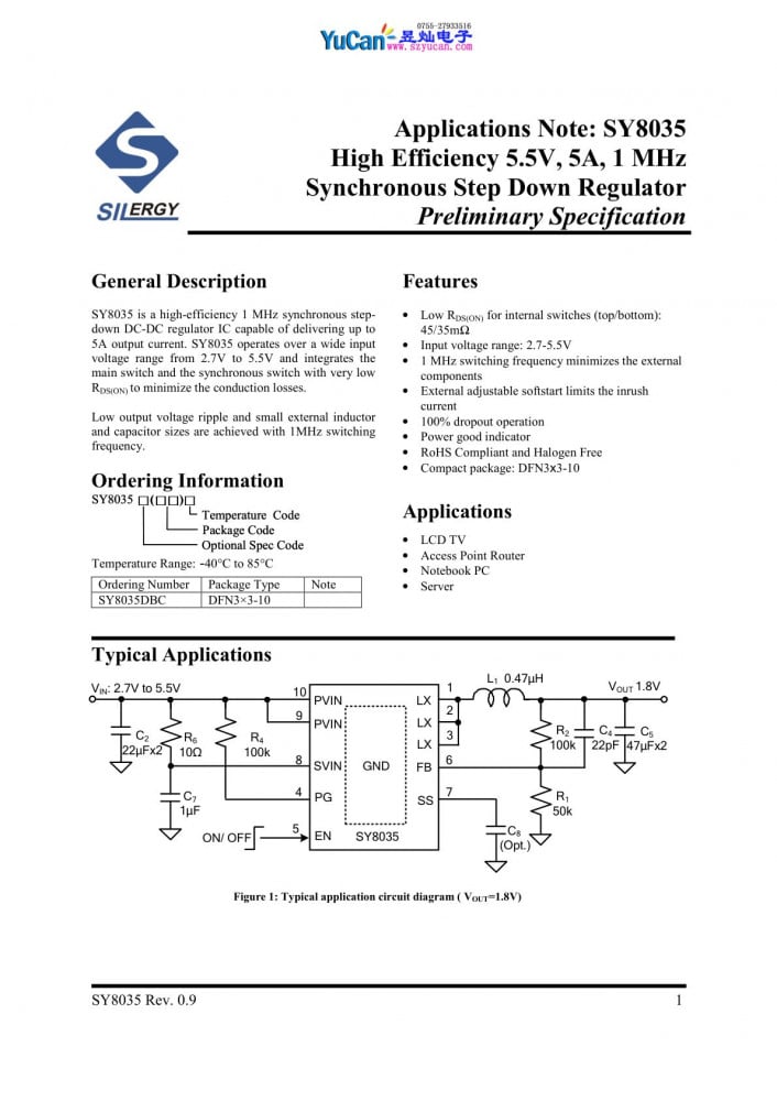 SY8035DBC technical document page 1