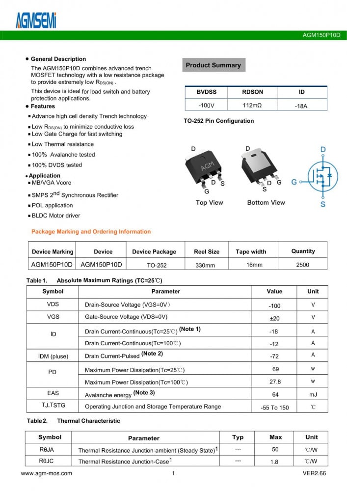 AGM150P10D datasheet page 1