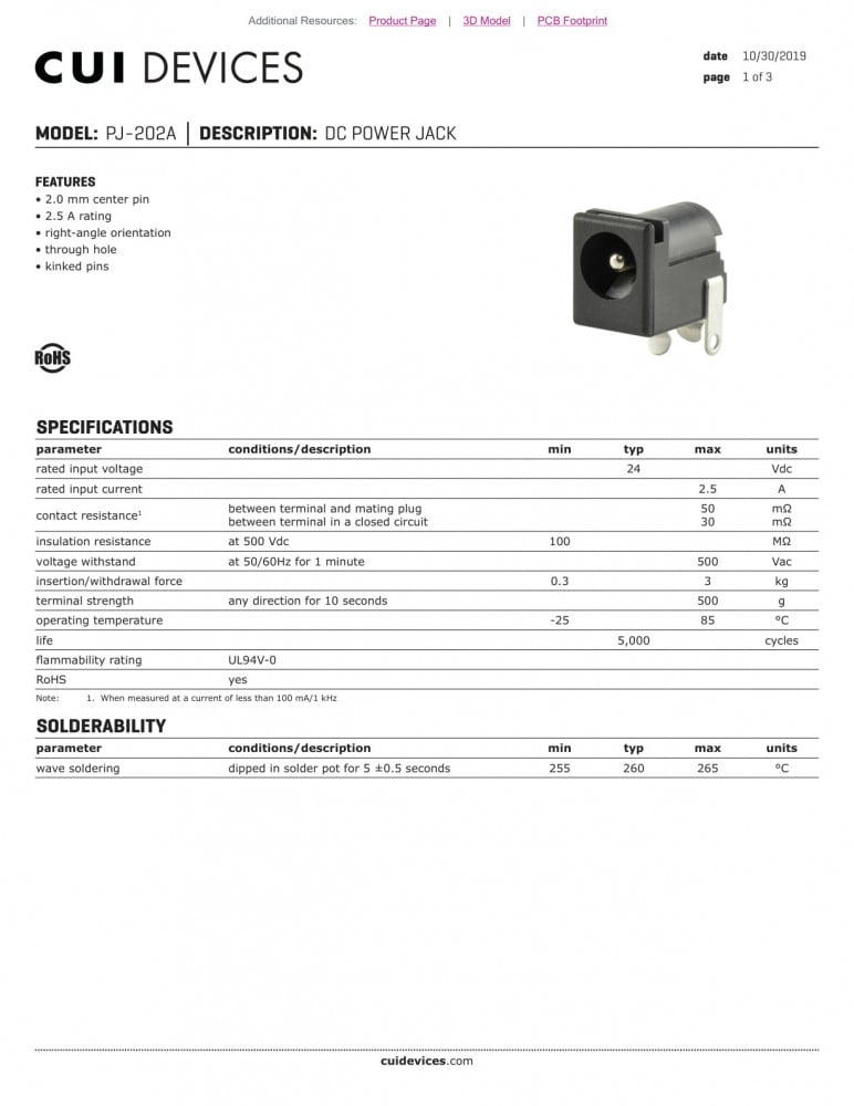 CUI PJ-202A technical document page 1