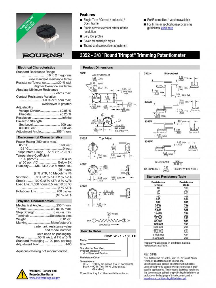BOURNS 3352 series datasheet page 1