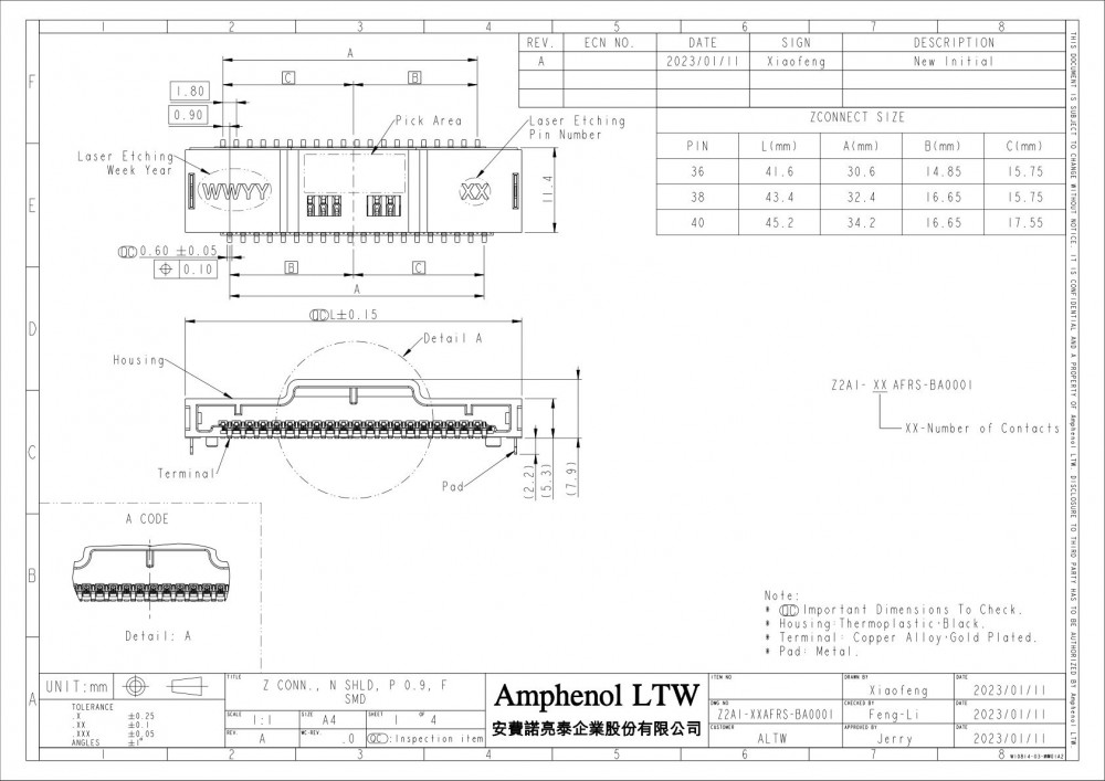 Amphenol Z2A1-36AFRS-BA0001 drawing sheet 1