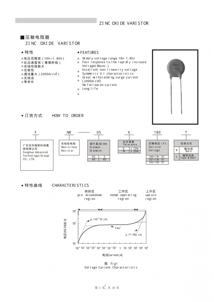 FH zinc oxide varistor datasheet page 1