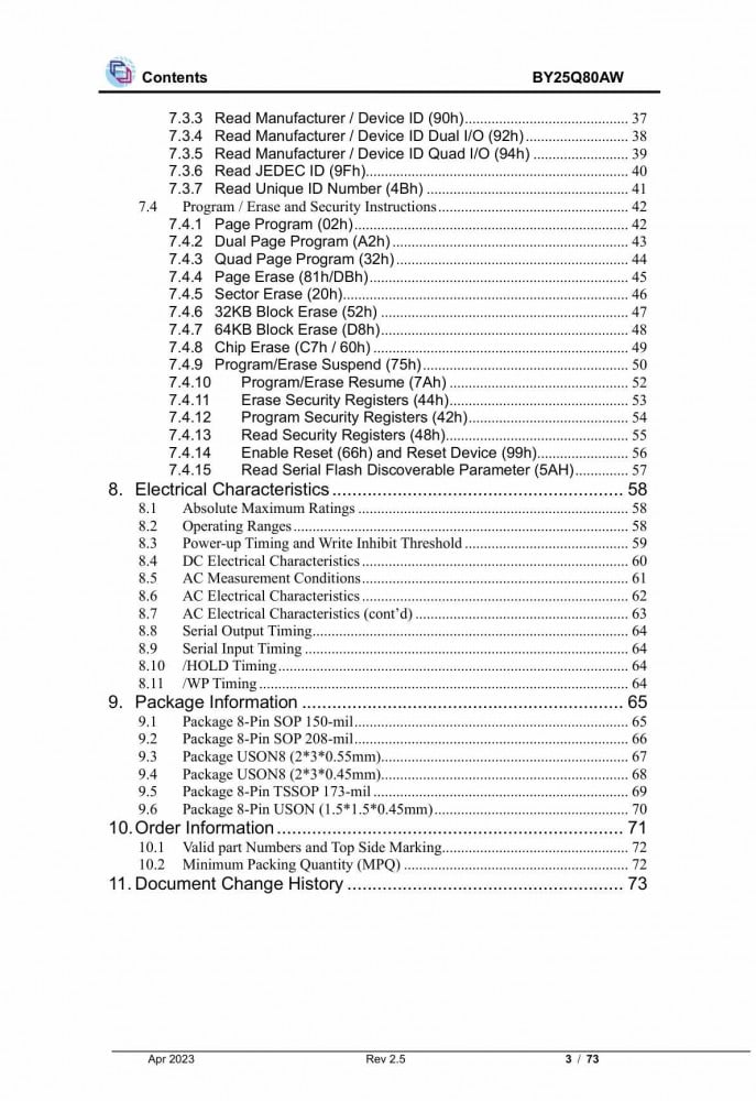 BY25Q80AW datasheet page 3