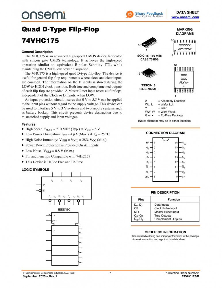 74VHC175 datasheet page 1