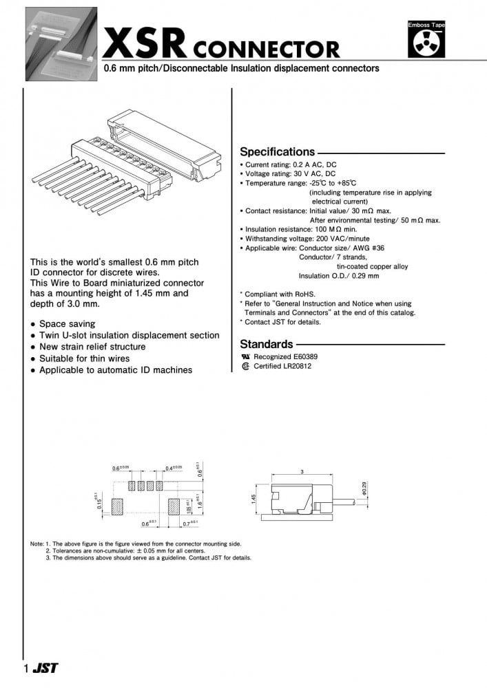 JST XSR series specification page