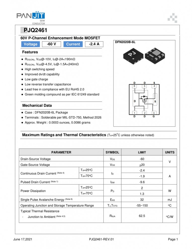 PJQ2461 datasheet page 1
