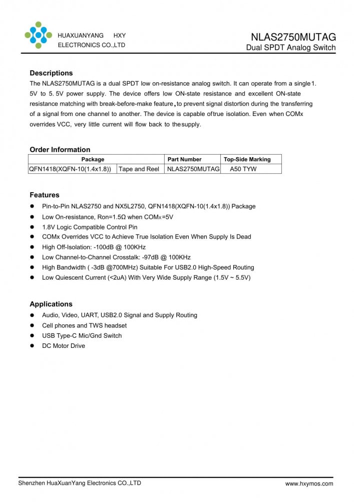 NLAS2750MUTAG-HXY datasheet page 1