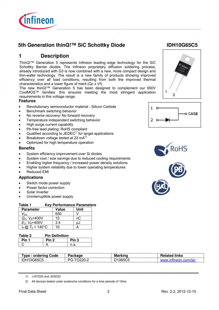 IDH10G65C5 datasheet page 2