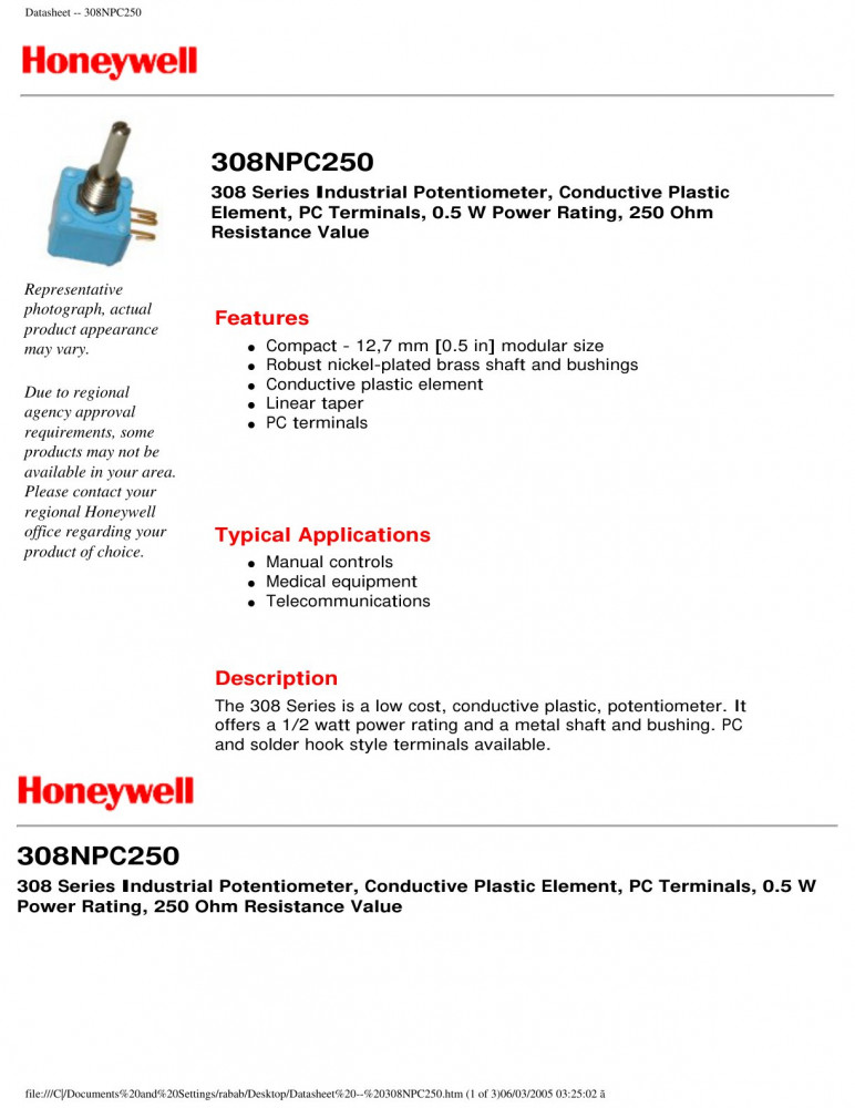 308NPC250 product document page 1