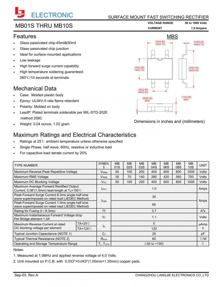 MB8S datasheet page 1