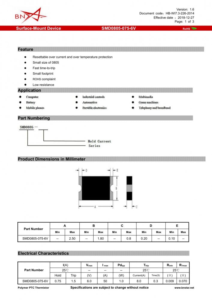 BNstar SMD0805-075-6V datasheet page 1