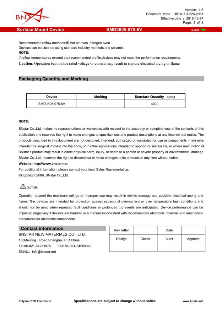 BNstar SMD0805-075-6V datasheet page 3