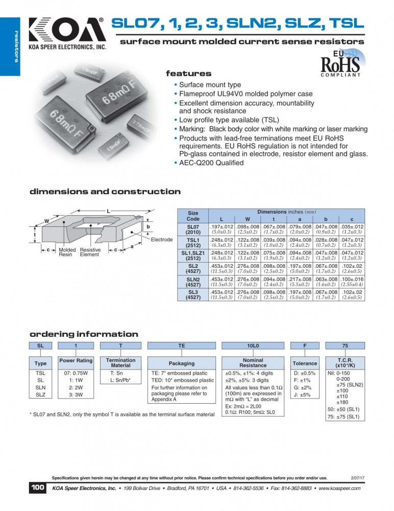 KOA SL2 resistor datasheet page 1