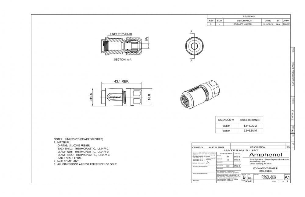 Amphenol RTS0L-8CG technical drawing