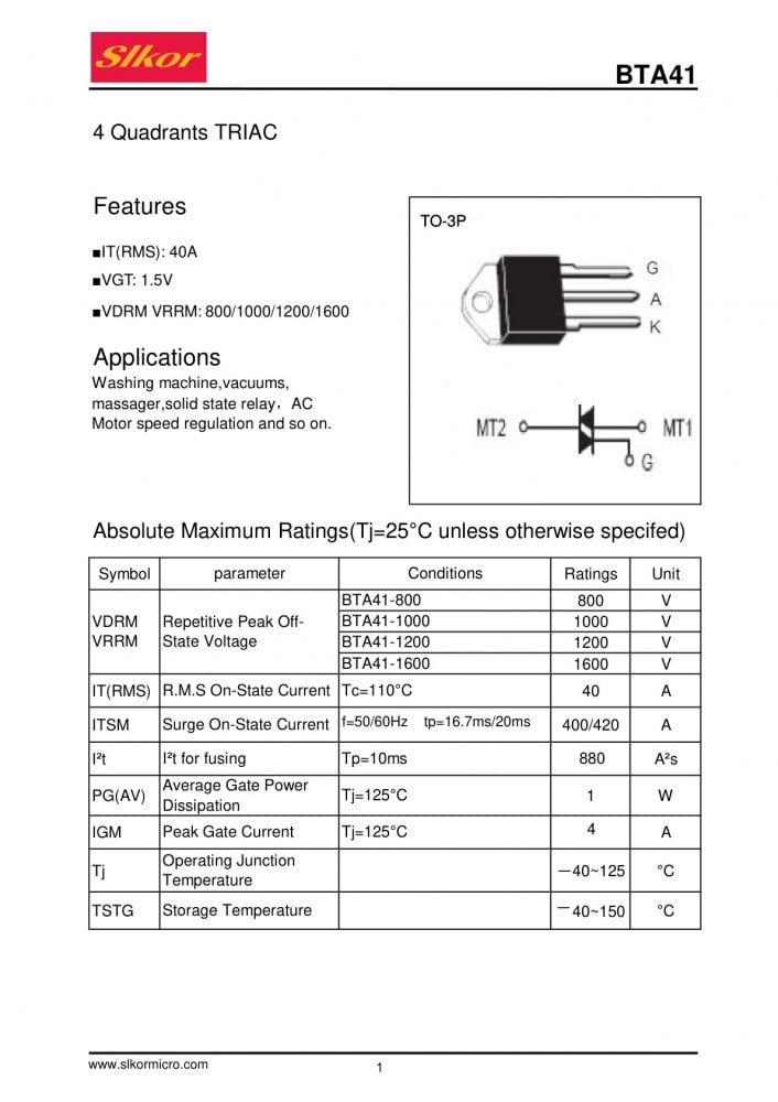 BTA41-800B datasheet page 1