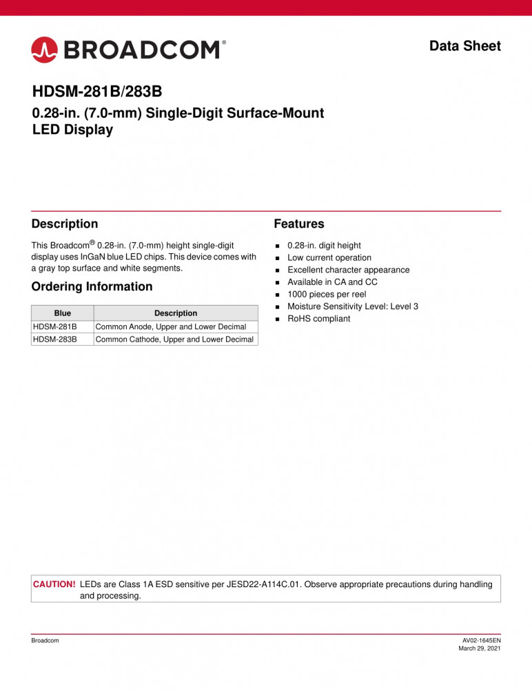 HDSM-281B datasheet page 1