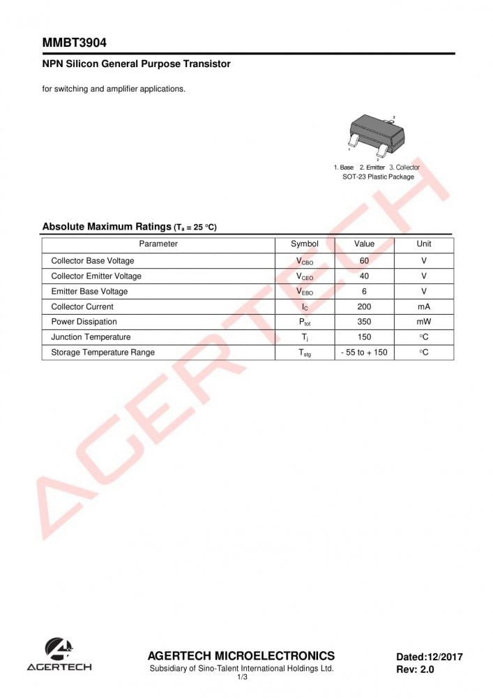 Agertech MMBT3904 datasheet page 1
