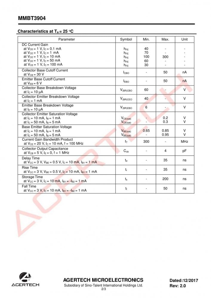 Agertech MMBT3904 datasheet page 2