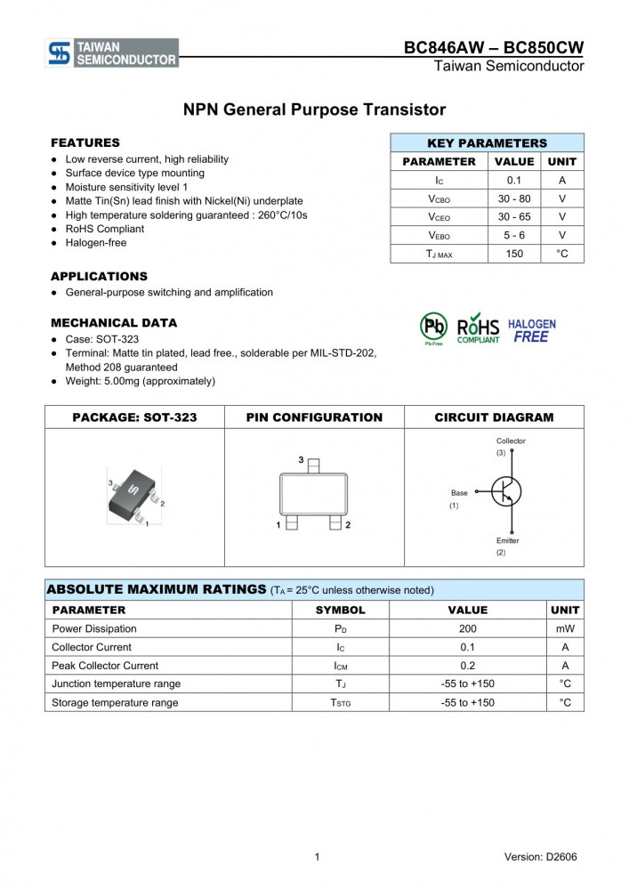 BC847BW datasheet page 1