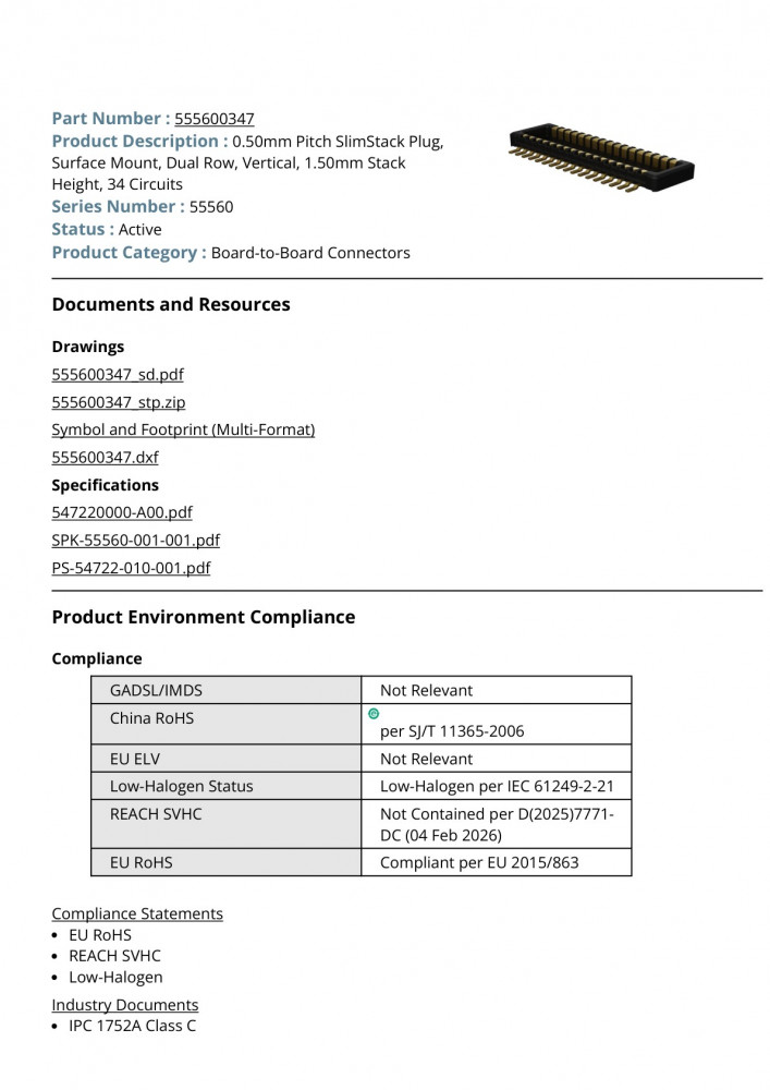 MOLEX 555600347 technical document preview, page 1