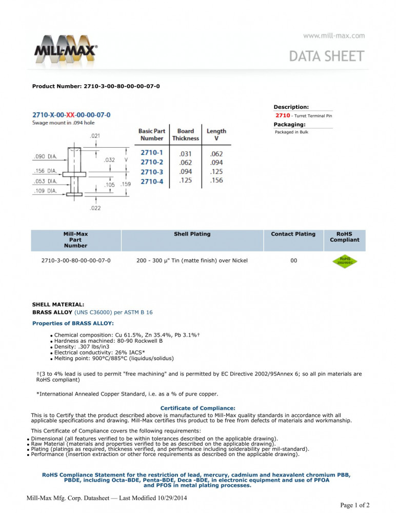 Mill-Max 2710 series technical drawing page 1