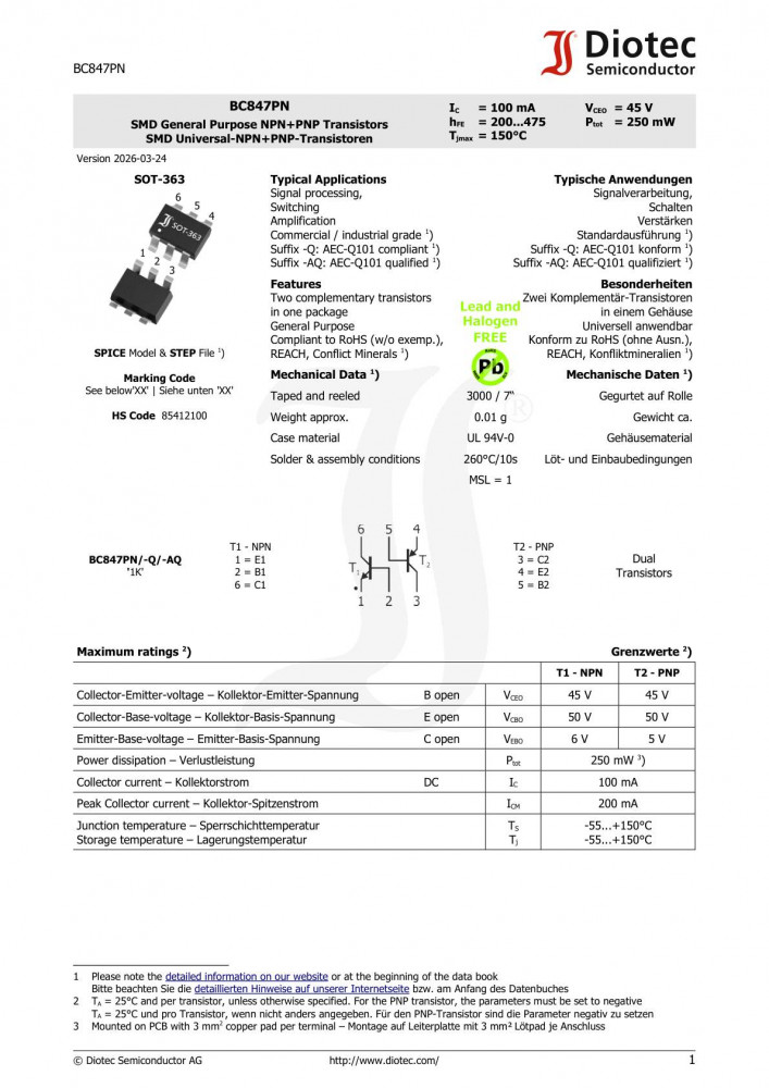 BC847PN datasheet page 1