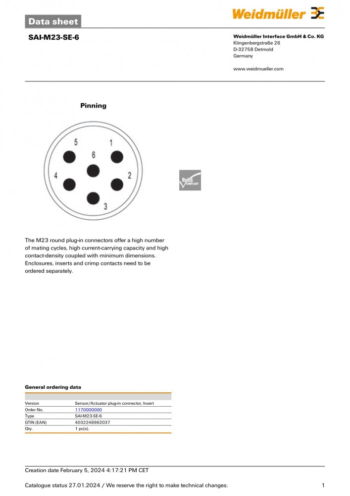 WEIDMULLER 1170000000 technical document page 1