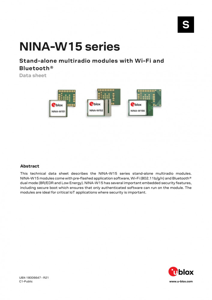 NINA-W15 series datasheet page 1