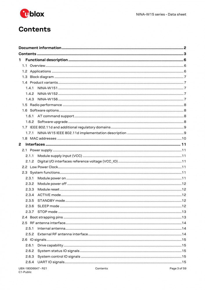 NINA-W15 series datasheet page 3