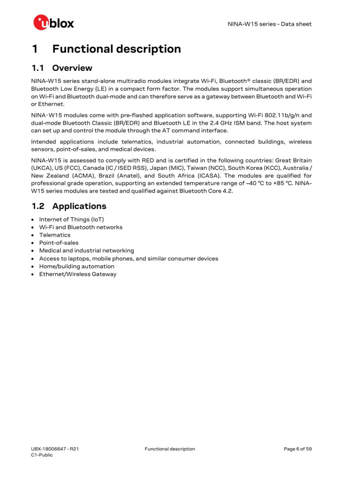 NINA-W15 series datasheet page 6