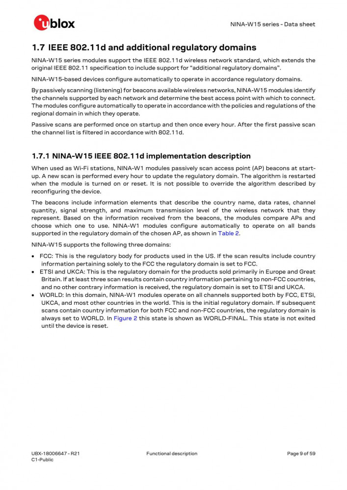 NINA-W15 series datasheet page 9