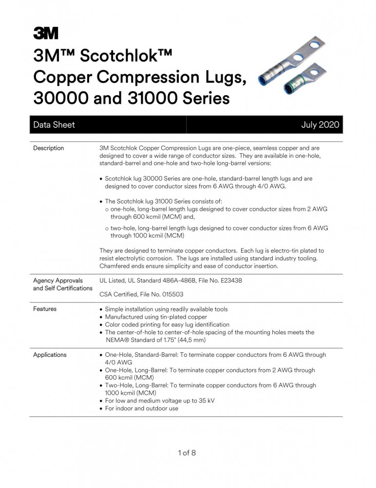 3M Scotchlok 30000 and 31000 Series data sheet page 1