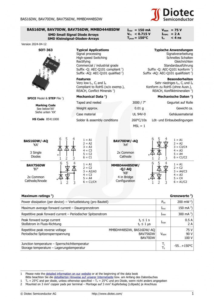 BAV756DW datasheet page 1